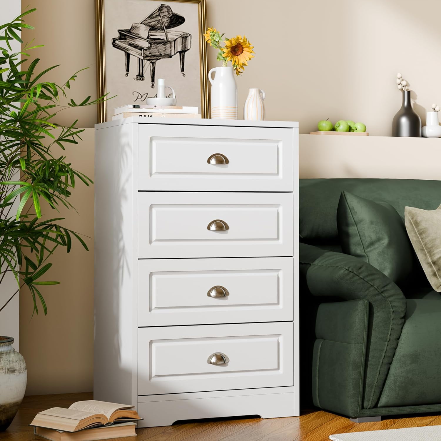 SUNLEI 4 Drawer Vertical Dresser, Tall White Dresser, Trapezoidal ...