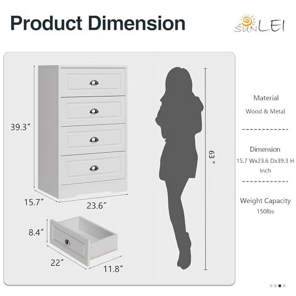 SUNLEI 4 Drawer Vertical Dresser, Tall White Dresser, Trapezoidal ...