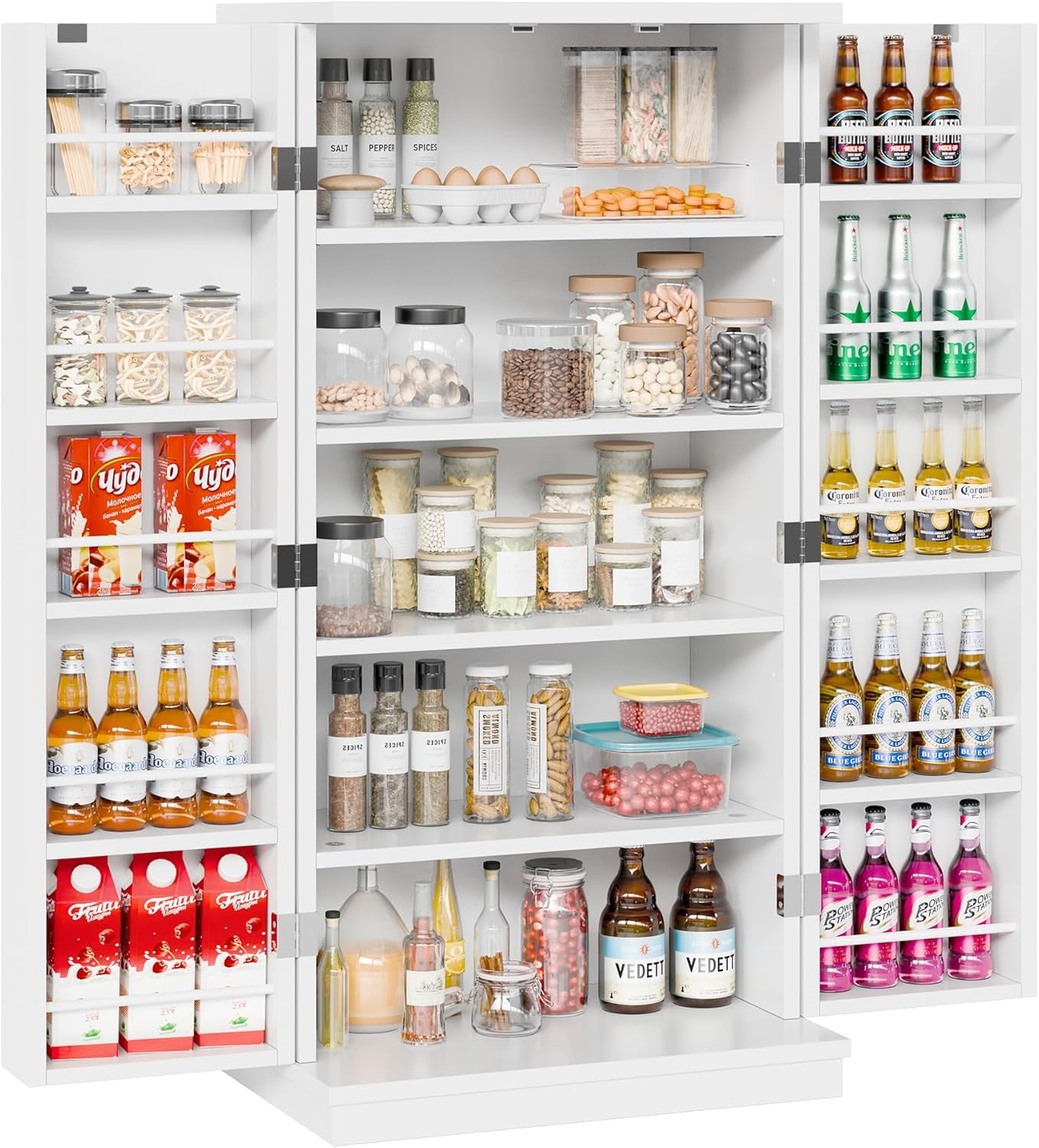 SUNLEI 47" Kitchen Pantry Cabinet, White Food Storage Cabinets with ...