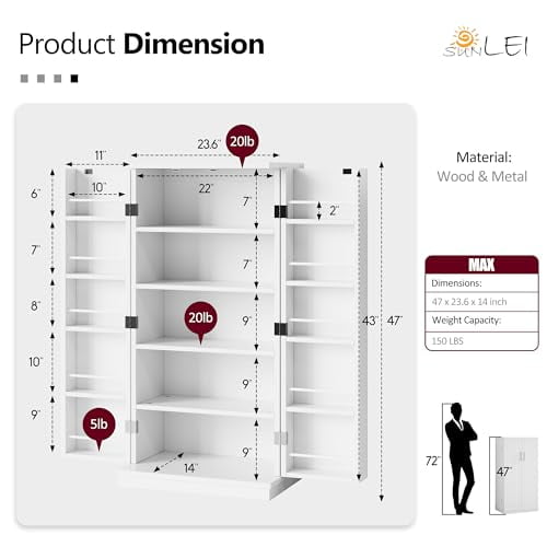 SUNLEI 47" Kitchen Pantry Cabinet, White Food Storage Cabinets with ...