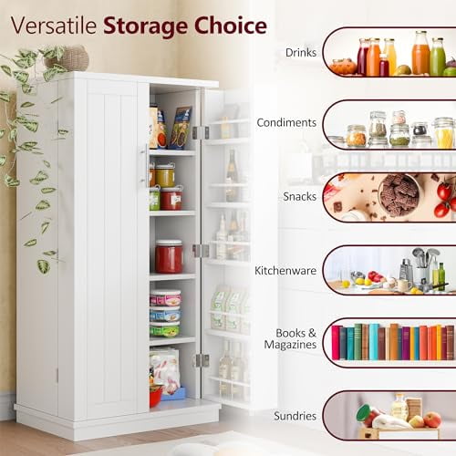 SUNLEI 47" Kitchen Pantry Cabinet, White Food Storage Cabinets with ...