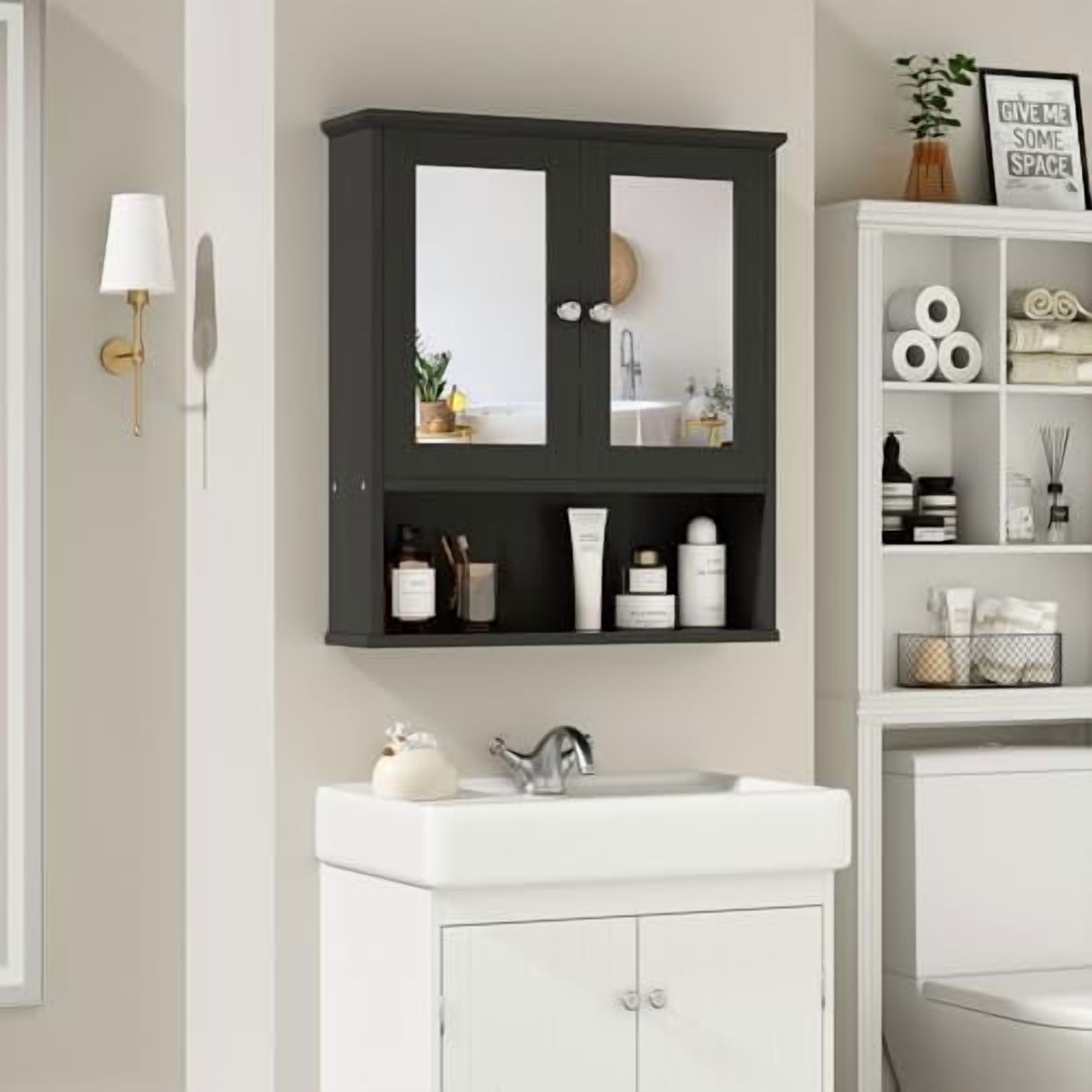 SUNLEI Bathroom Cabinet with Mirror, Wall Cabinet with 2 Mirrored Doors ...