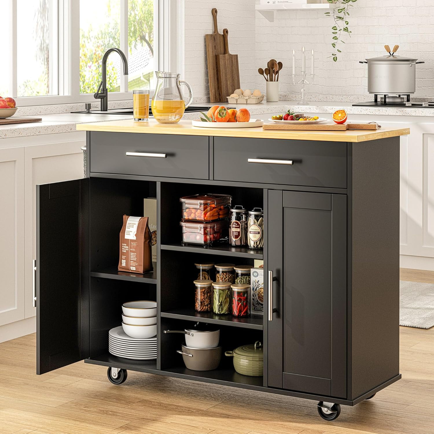 SUNLEI Kitchen Island with Storage Cart Table Rolling Butcher Block on ...