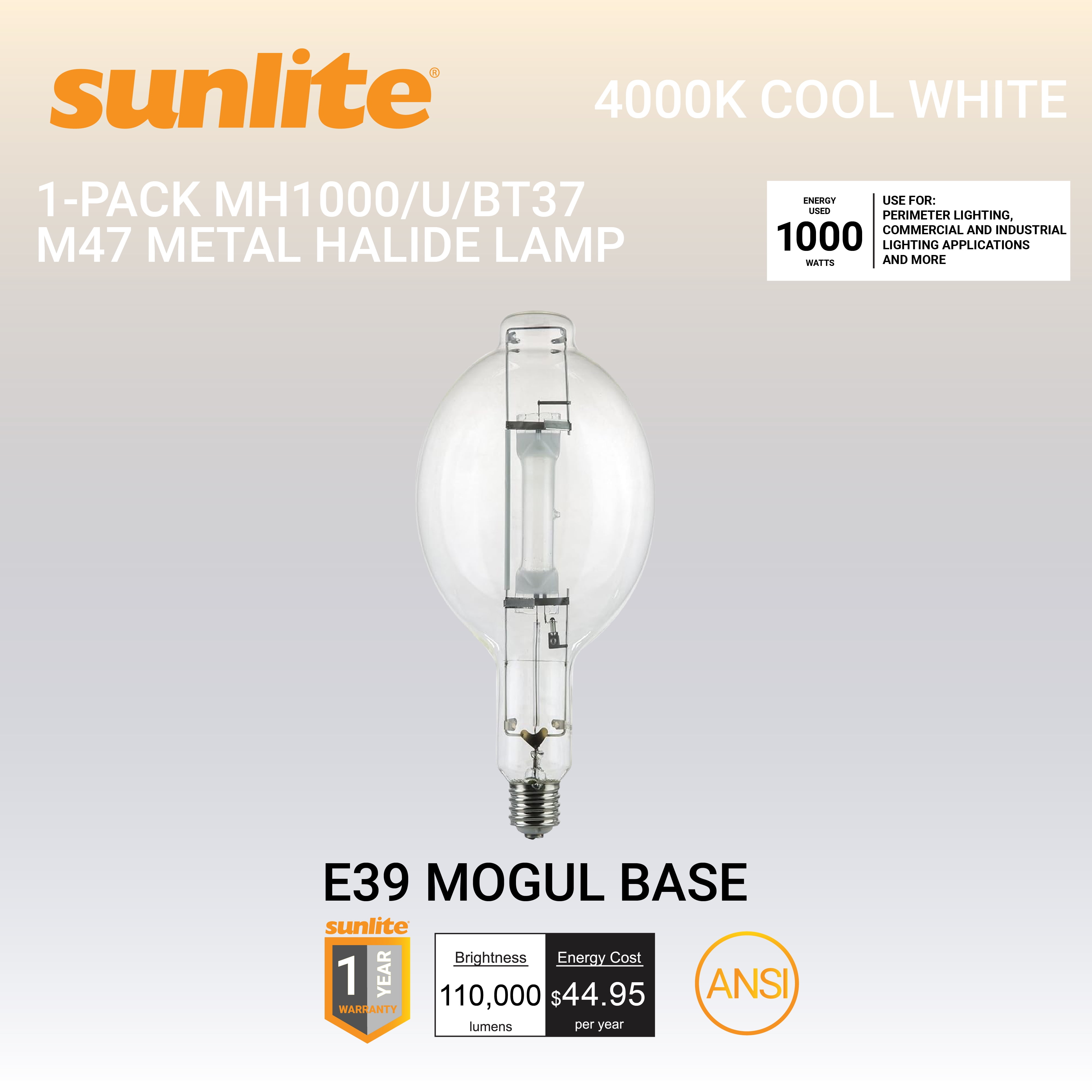 Sunlite MH1000/U/BT56 M47/S, 1000W Metal Halide, Mogul Base, 110,000lm, 4000K, Clear, 12,000hr ...
