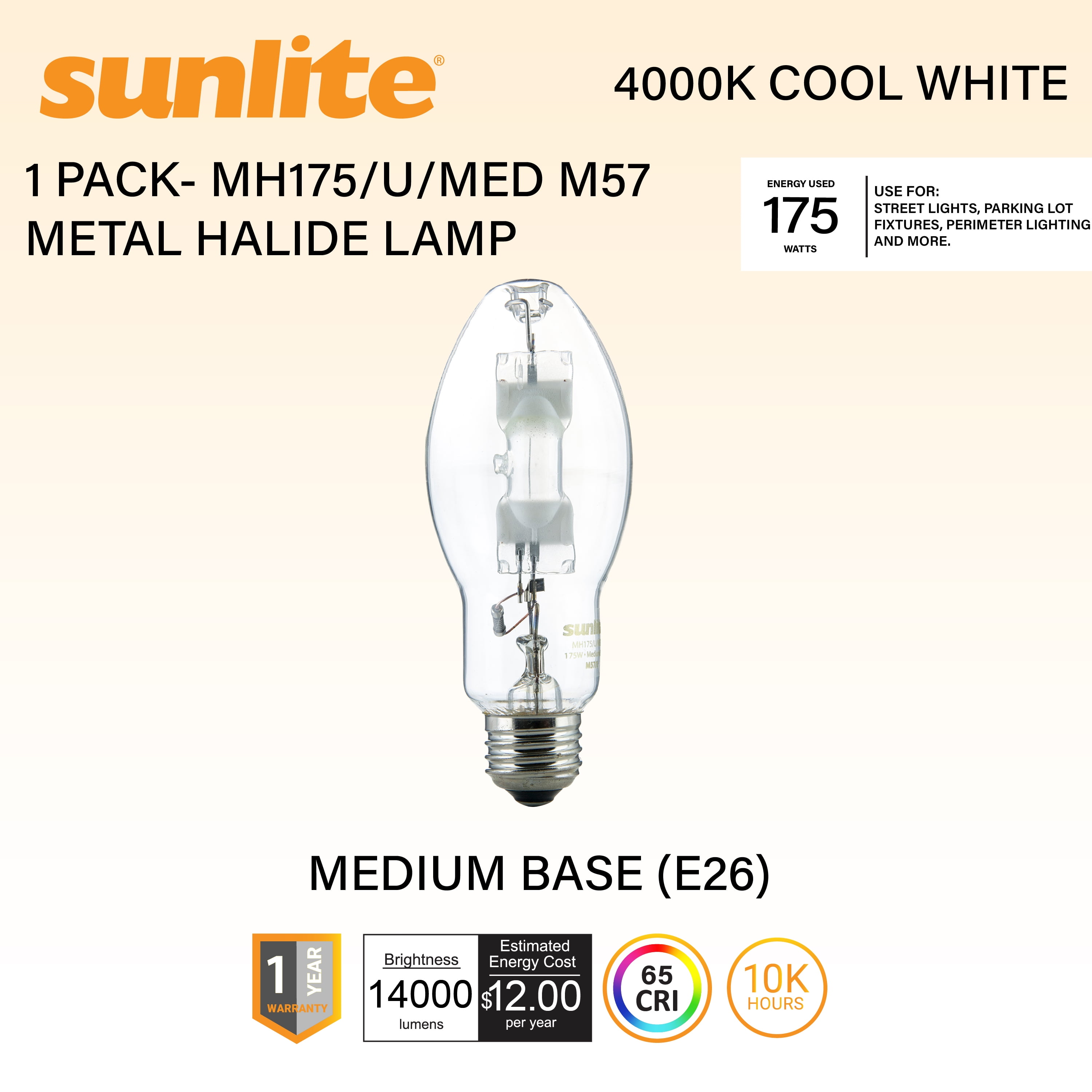 Sunlite MH Lamp, 175W, 14000lm, 4000K, E26 Base, ED17, Clear, Probe Start, MH175/U/MED, 10,000 ...