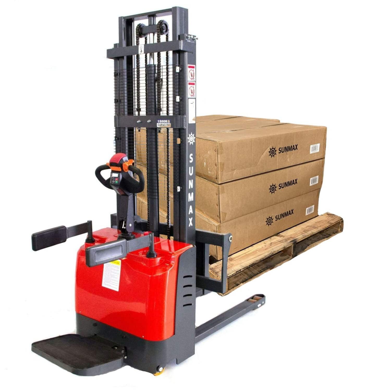 SUNMAX PS3300FE-3M Electric Pallet Stacker, 3300 lbs Capacity, 118" Lifting Height, Works with ...