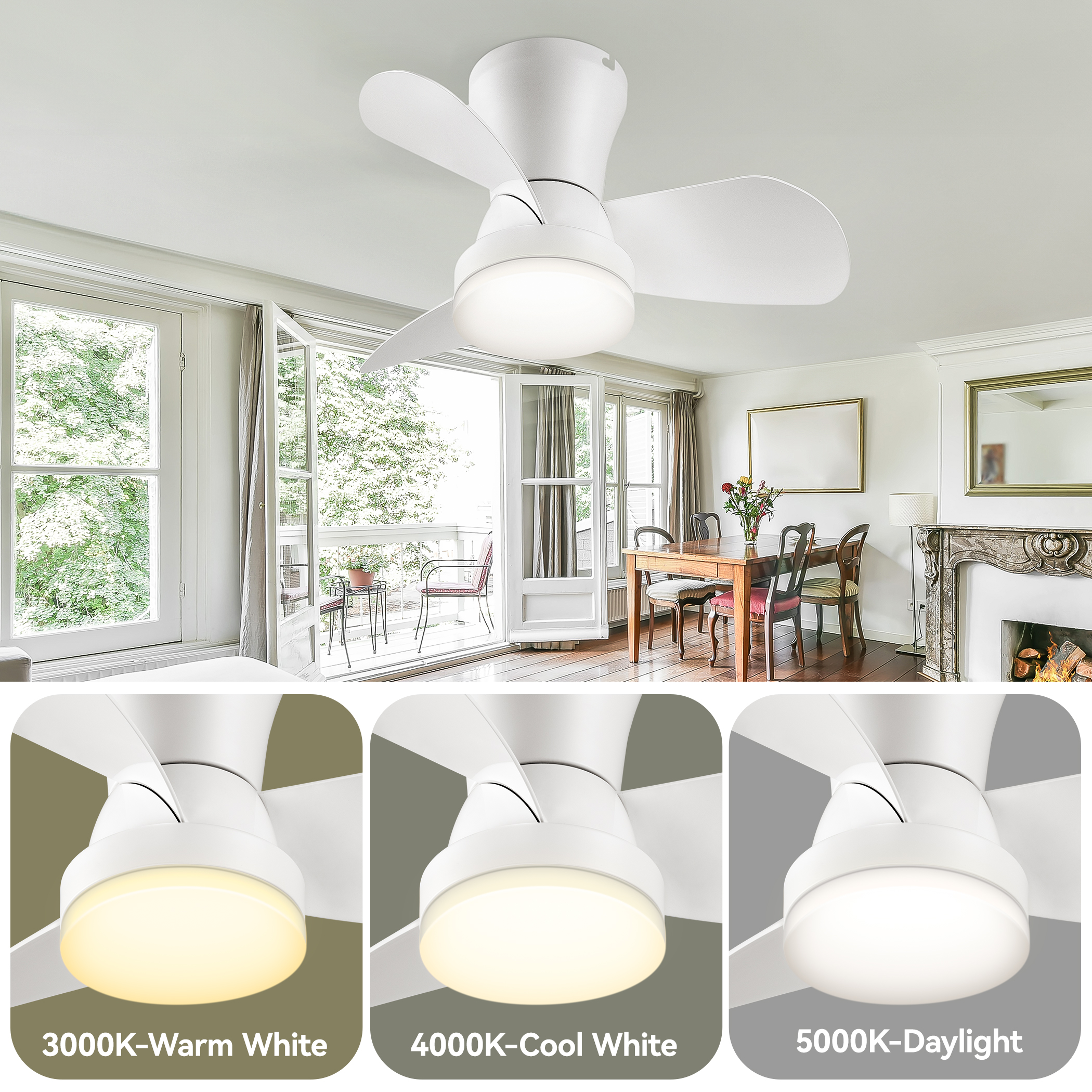 Wuzstar 22 Inch Enclosed Ceiling Fan Light,Quiet 3 Gear Wind ABS Fan ...