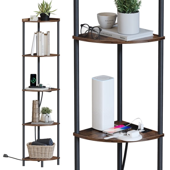 SUNMORY 5 Tier 65 in Wood and Metal Walnut Corner Bookcase with 2 USD ...