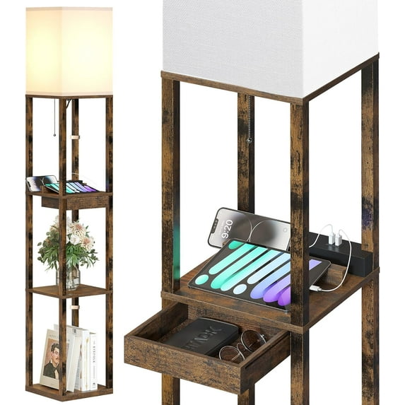 SUNMORY 63" Modern USB Ports Brown Floor Lamp with Beige Square Shade ...