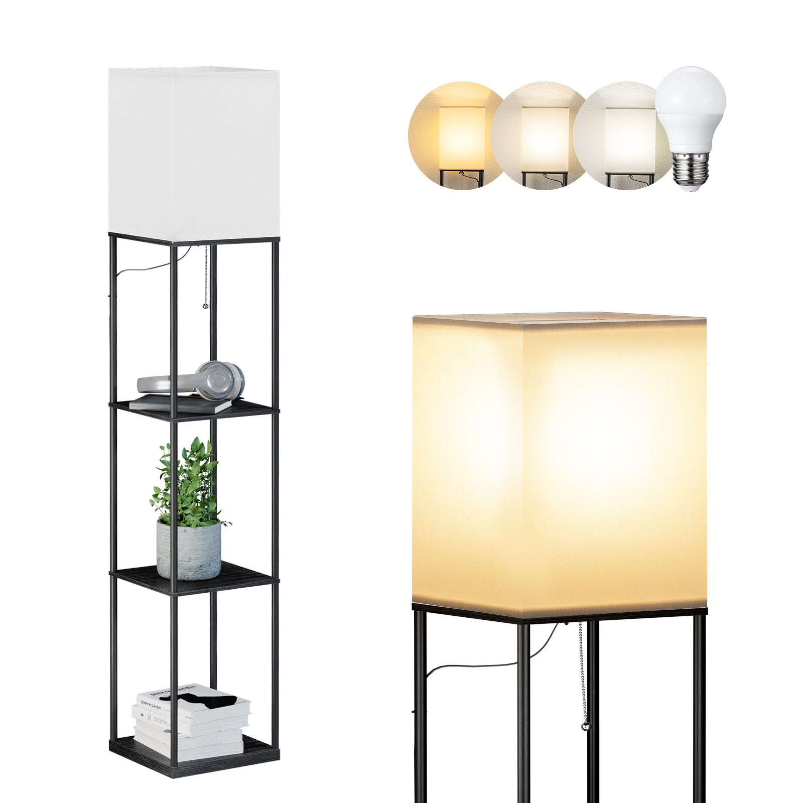 Floor Lamp with Shelves, Modern Dimmable Solid Wood Standing Lamp for ...