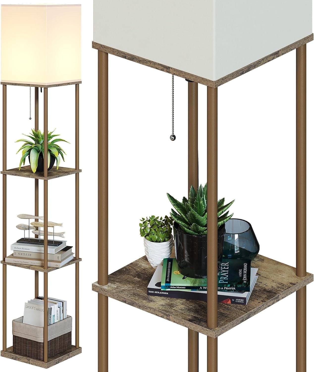 SUNMORY Floor Lamp with Shelves,Modern Dimmable Solid Wood Standing ...