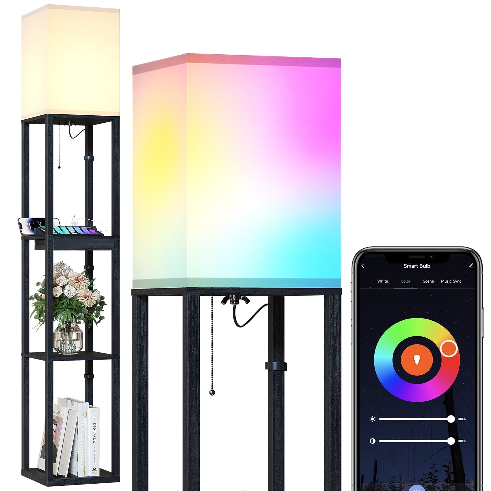 SUNMORY Floor Lamp with Shelves, RGB Light Dimmable Standing Lamp with ...