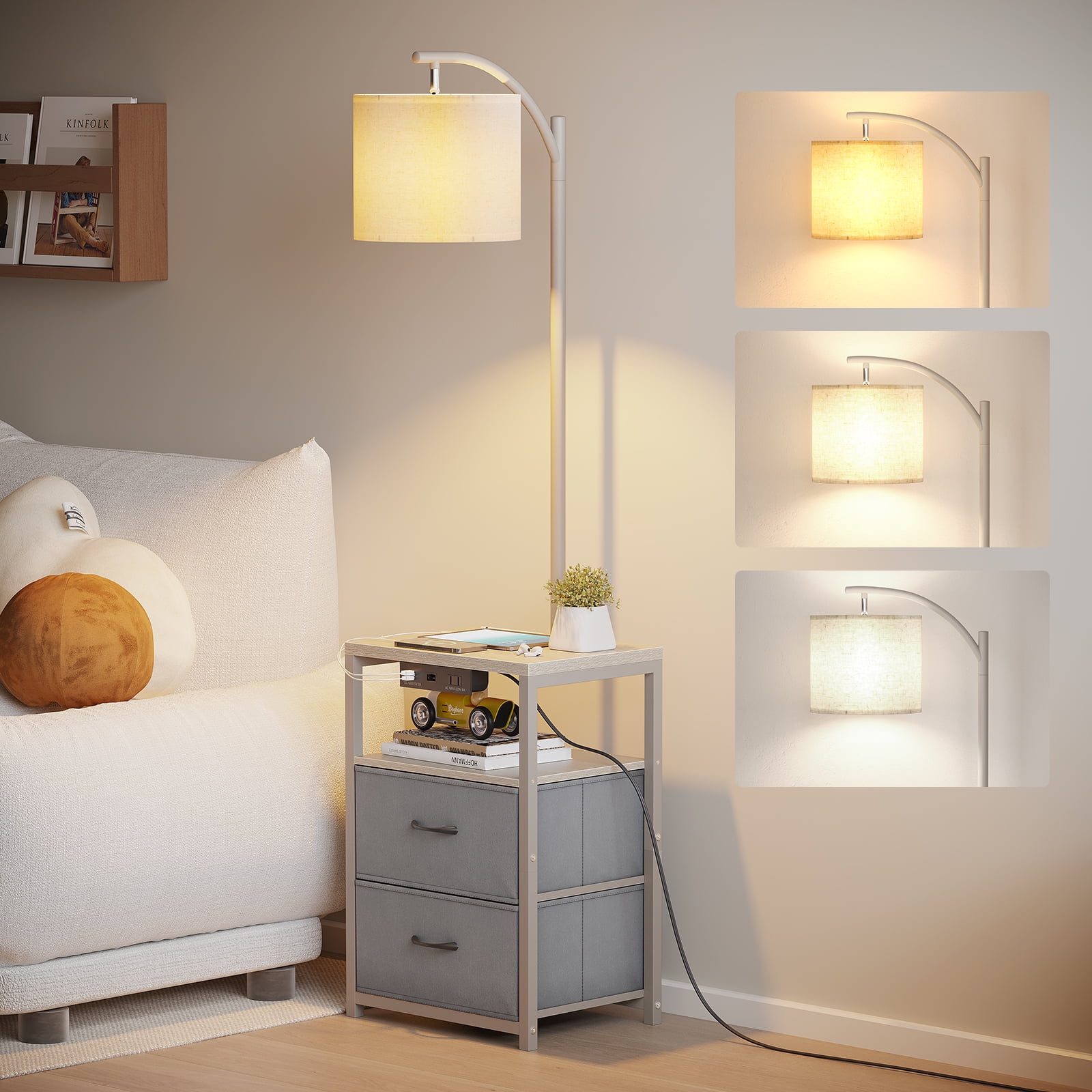 SUNMORY Floor Lamp with Table & 2 Drawers, Lamp with USB Port and ...