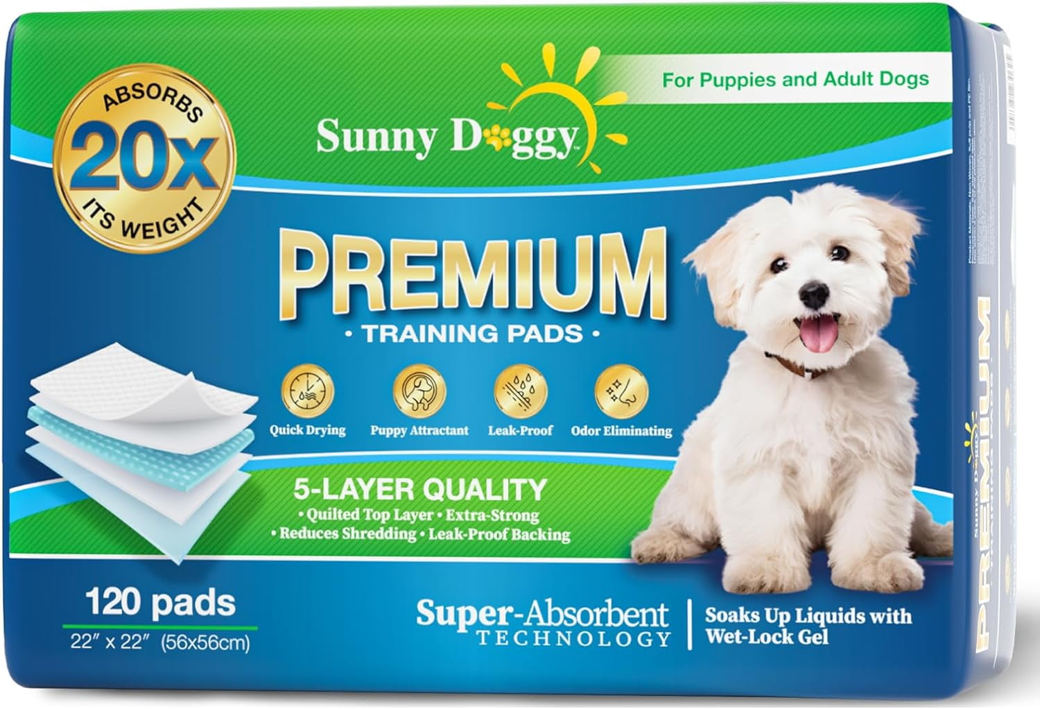SUNNY DOGGY Pee Pads for Dogs Large 22”x 22”, 120 Count Puppy Pads Pet ...