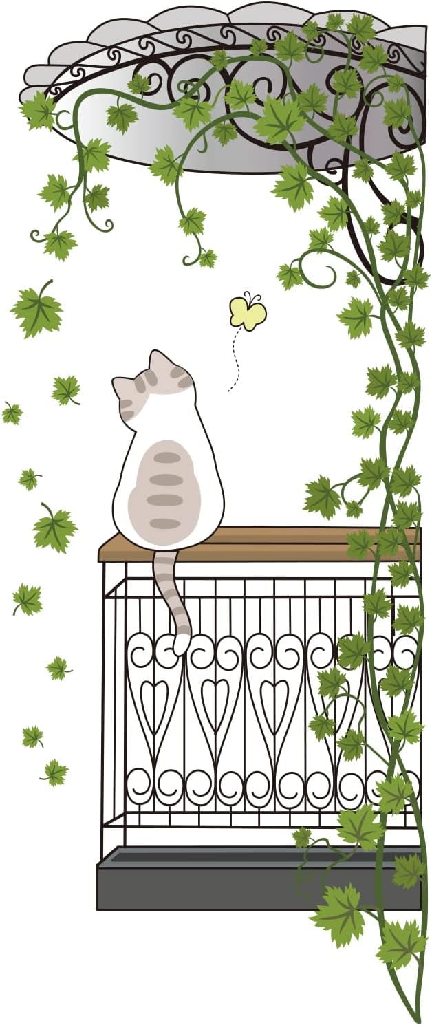 SUNNYCLUE Cute Cat Vinyl Wall Stickers Balcony Vine Wall Decal Hanging ...