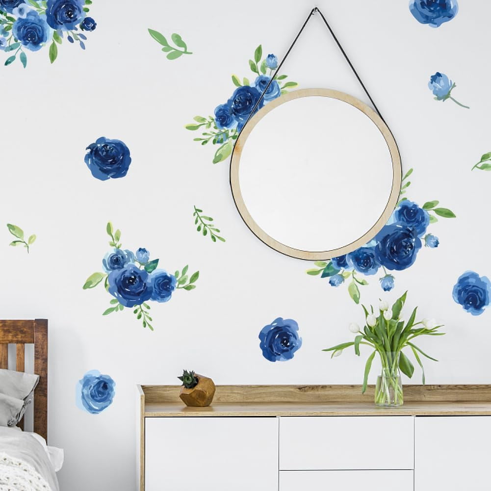 SUNNYCLUE Watercolor Blue Roses Wall Decals Ink Art Flowers Wall ...