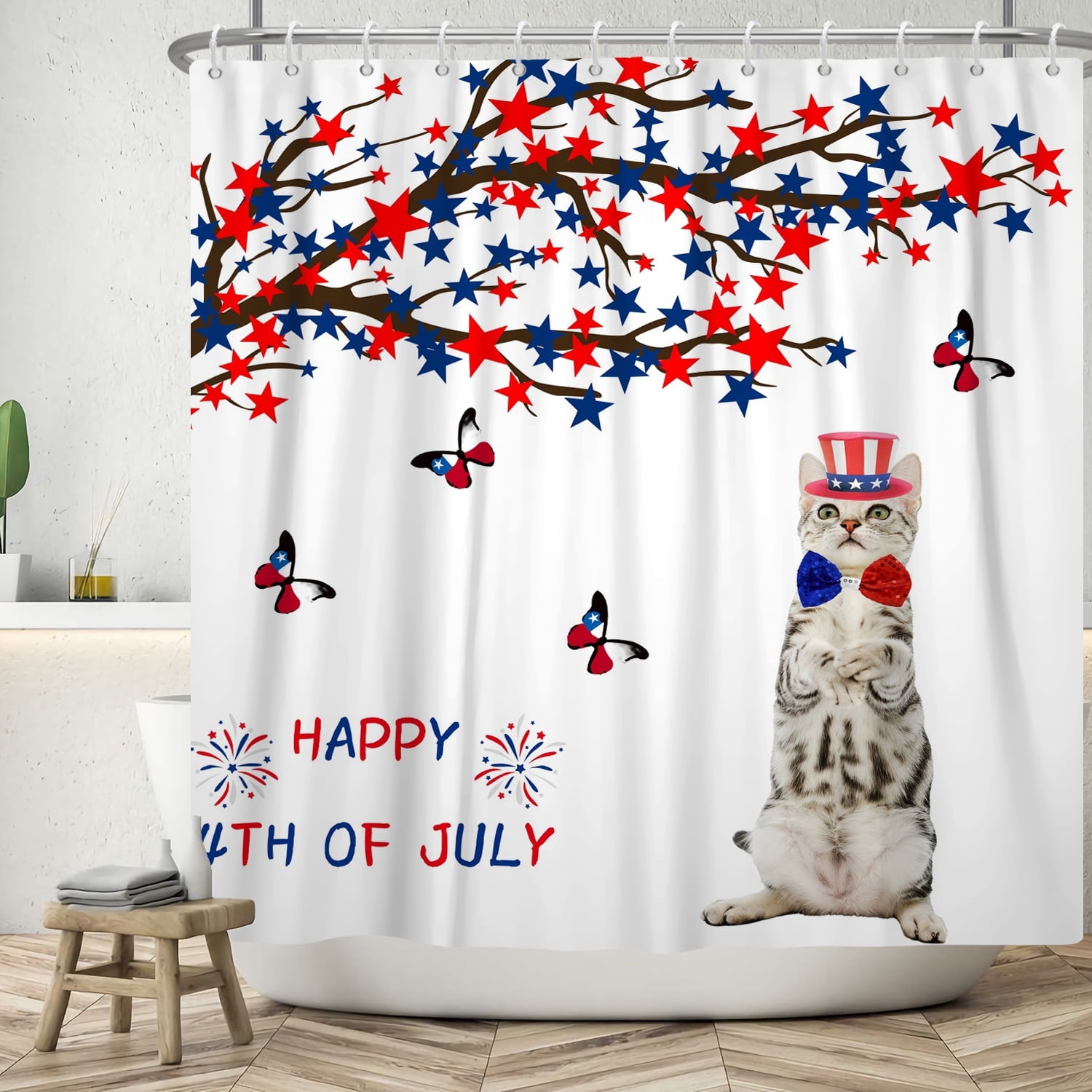 SUNOLIFE 4th of July Shower Curtain,Patriotic Independence Day Cat ...