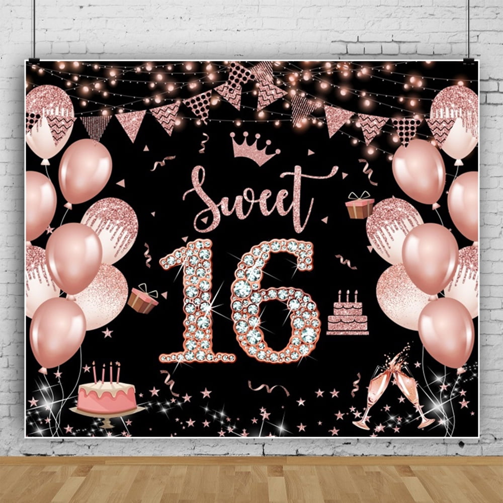 SUNOLIFE 5x3ft,Pink Sweet 16th Birthday Backdrops Banner Happy Birthday ...