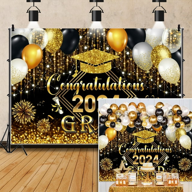 SUNOLIFE 7x5ft,Gold 2024 Graduation Backdrops Banner Prom Ceremony ...
