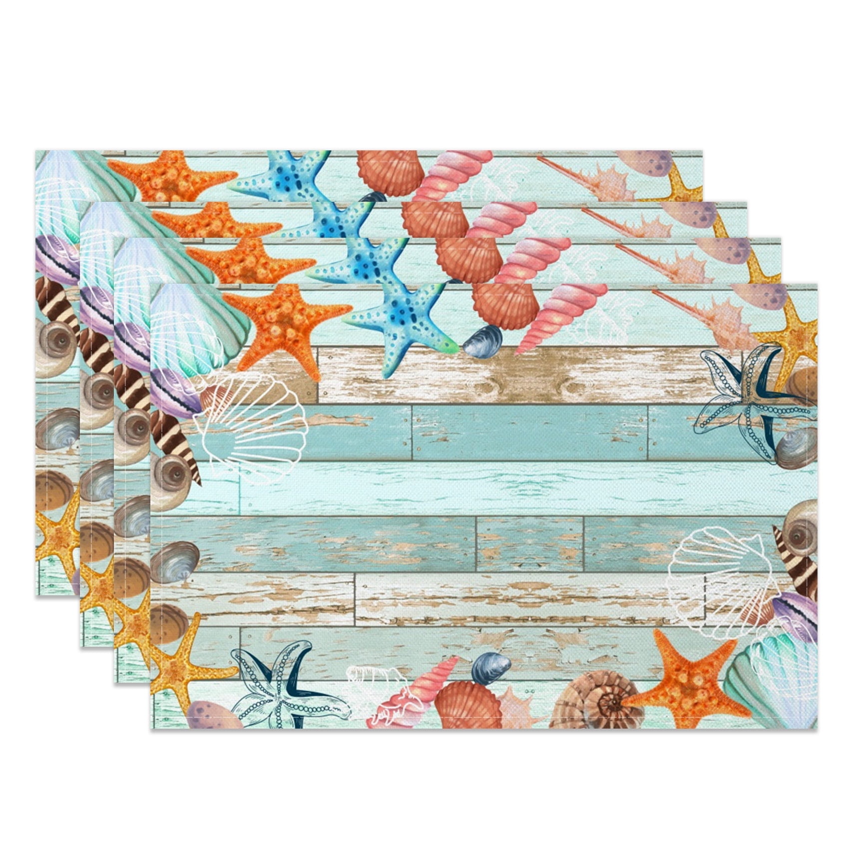 SUNOLIFE Beach Theme Placemats Set of 4,Seashell Starfish Table Mats ...