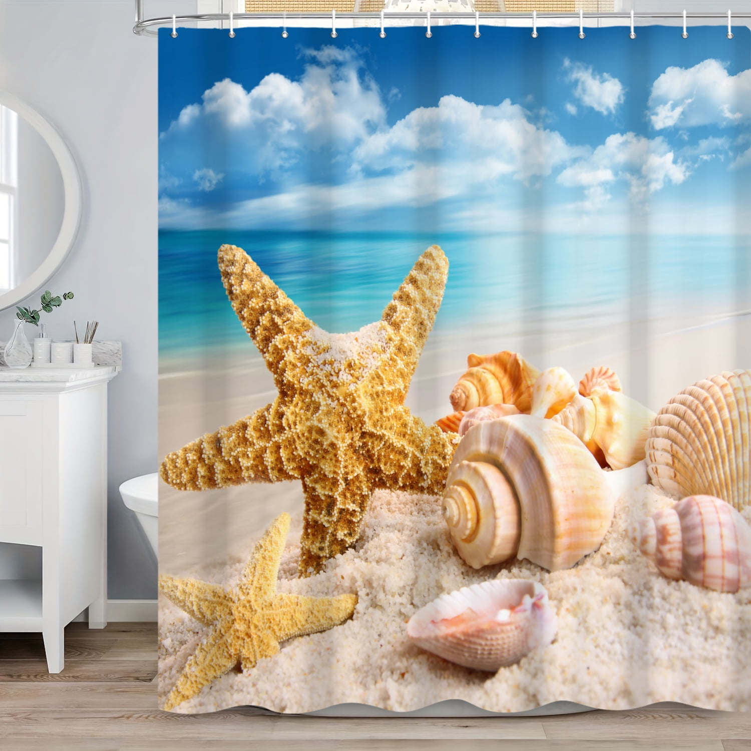 SUNOLIFE Beach Theme Shower Curtain Ocean Seashell Starfish Coastal ...
