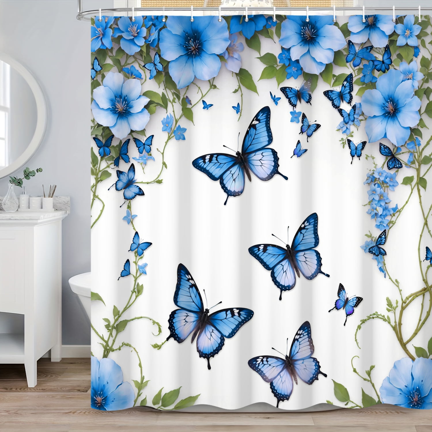 SUNOLIFE Blue Butterfly Shower Curtain，Spring Floral Fabric Bathroom ...