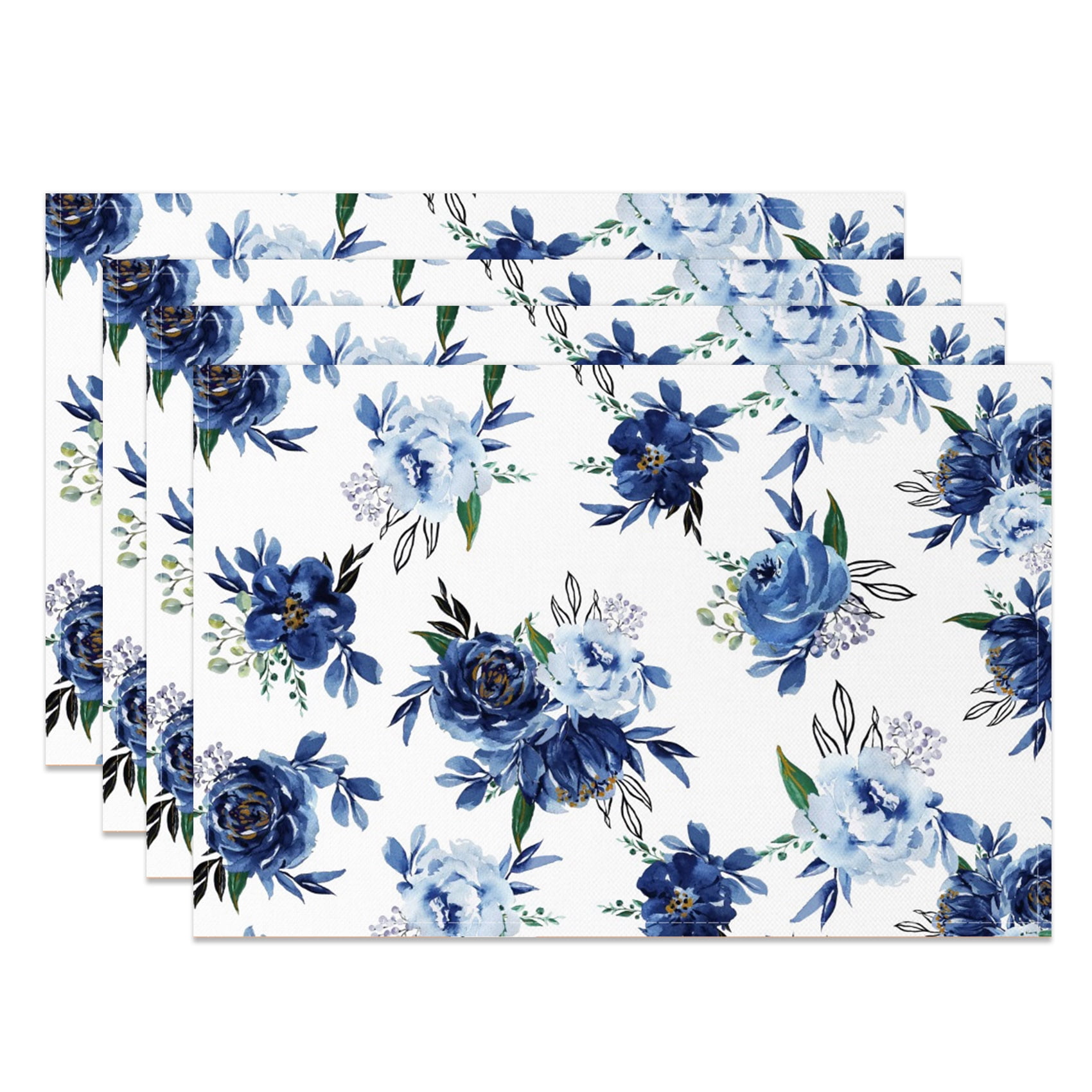 SUNOLIFE Blue Floral Placemats Watercolor Floral Table Mats Set of 4 ...