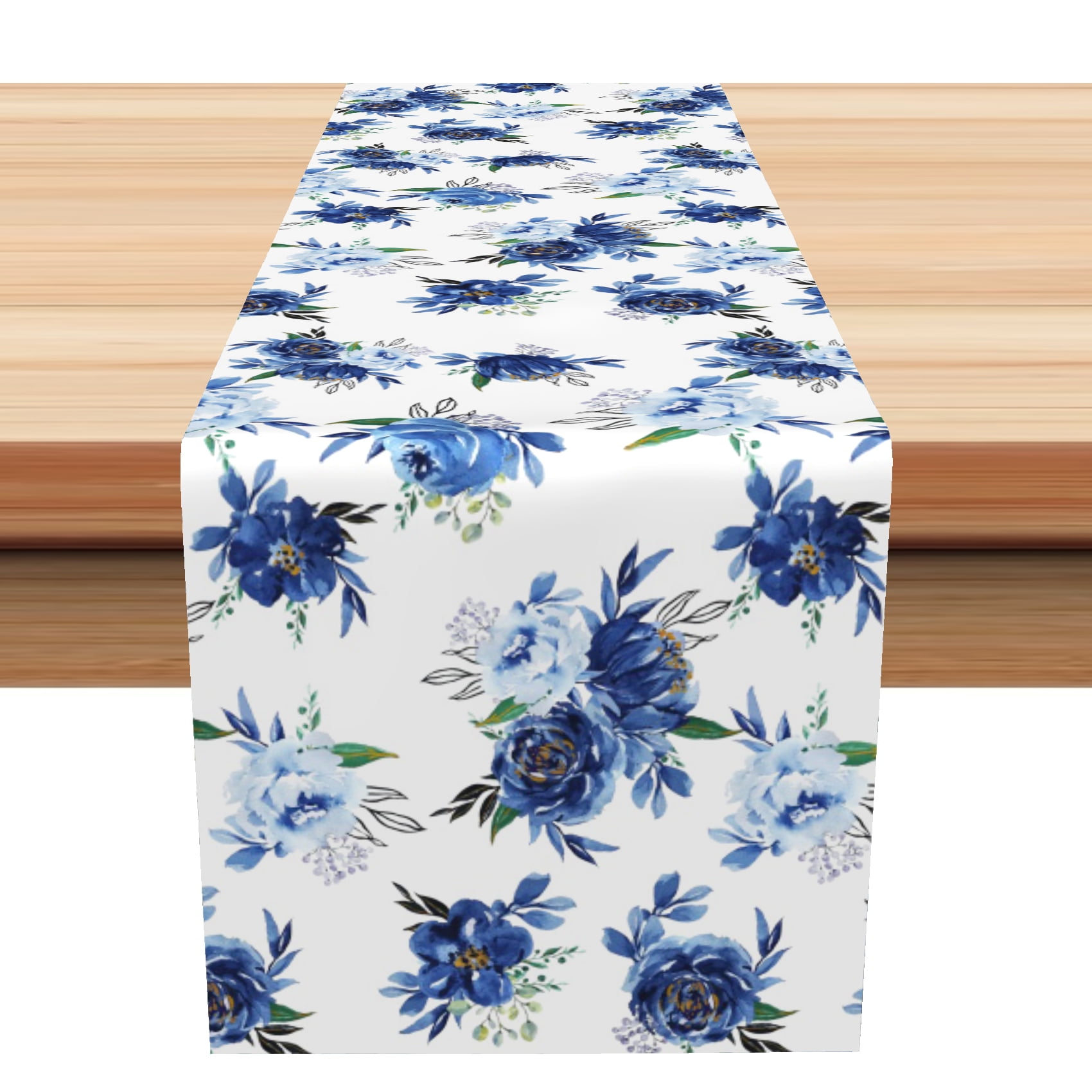 SUNOLIFE Blue Floral Table Runner,Flowers Kitchen Dining Table ...