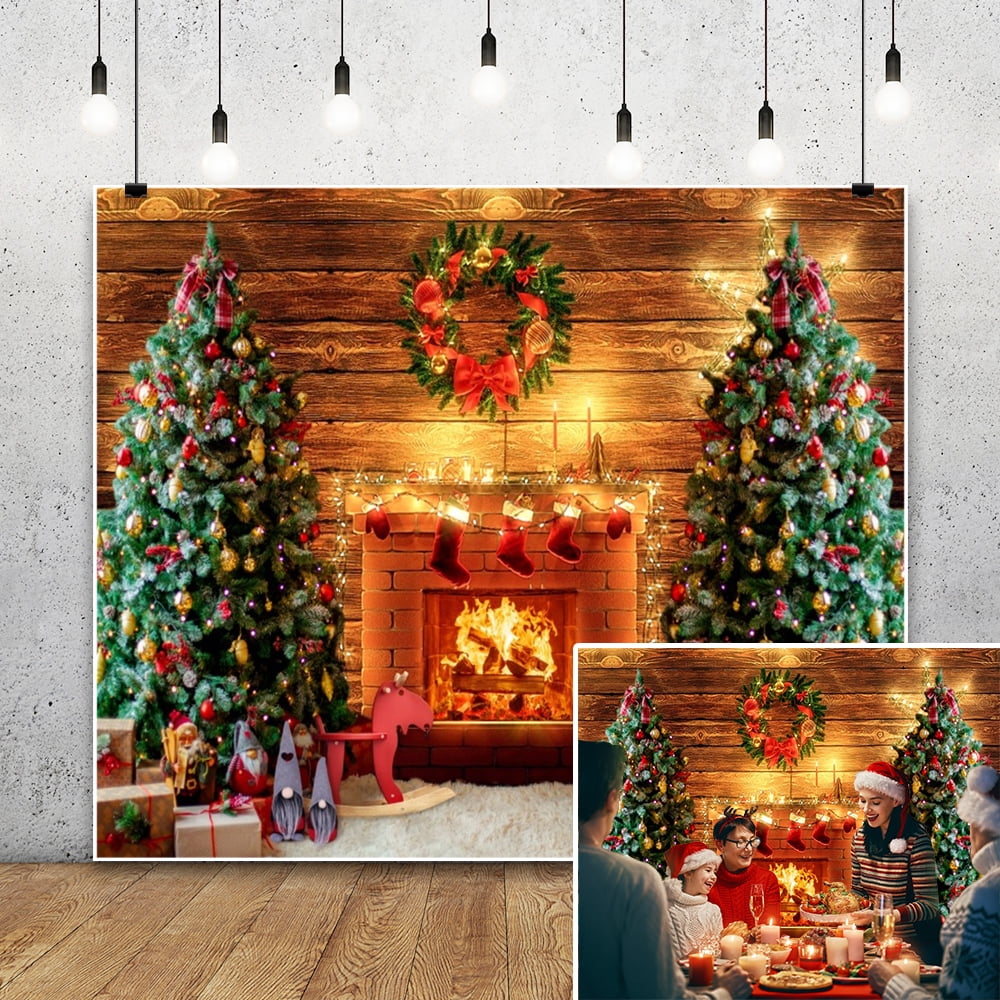 SUNOLIFE Christmas Fireplace Backdrop Banner Winter Xmas Tree Photo ...