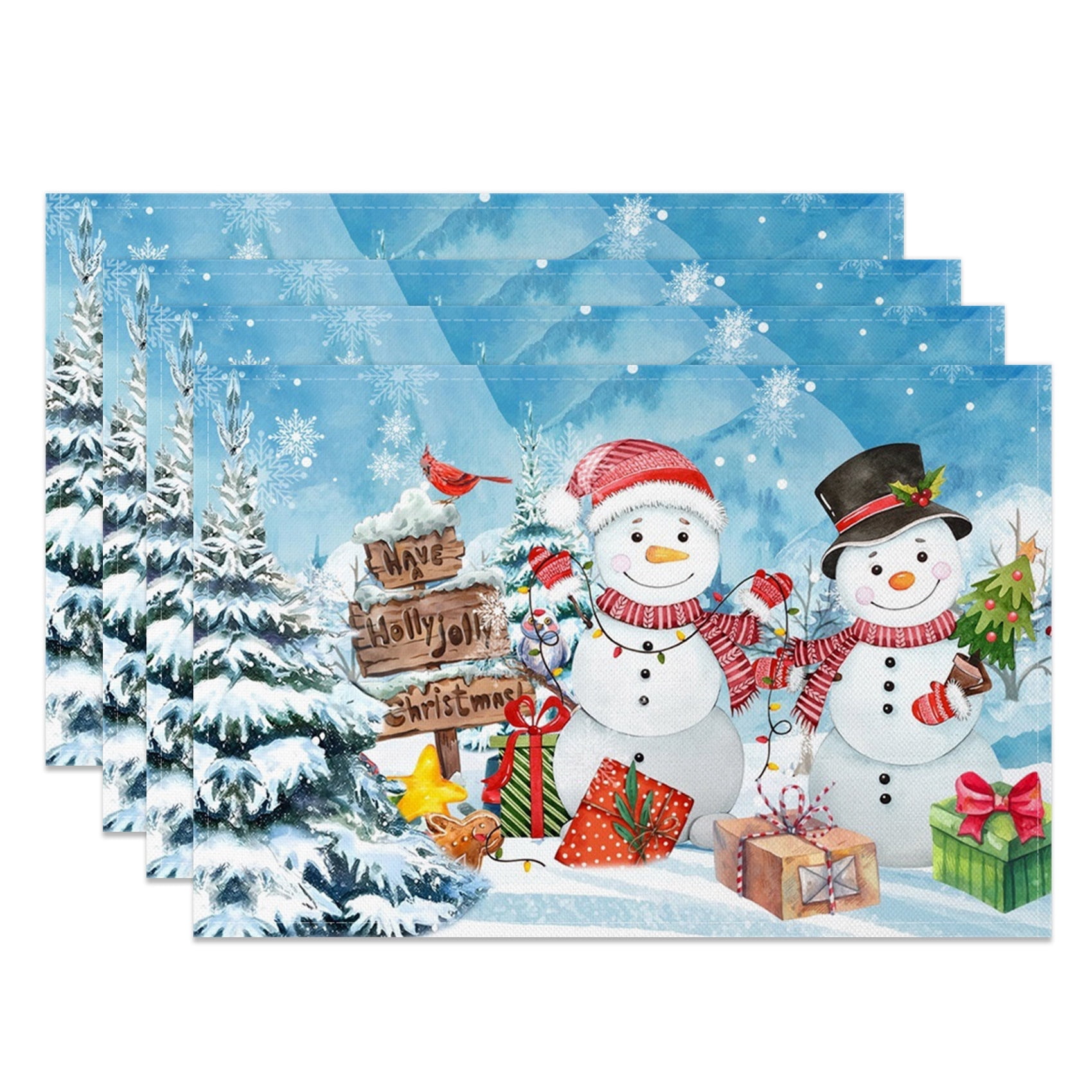 SUNOLIFE Christmas Snowman Placemats Set of 4,Winter Snow Xmas Tree ...