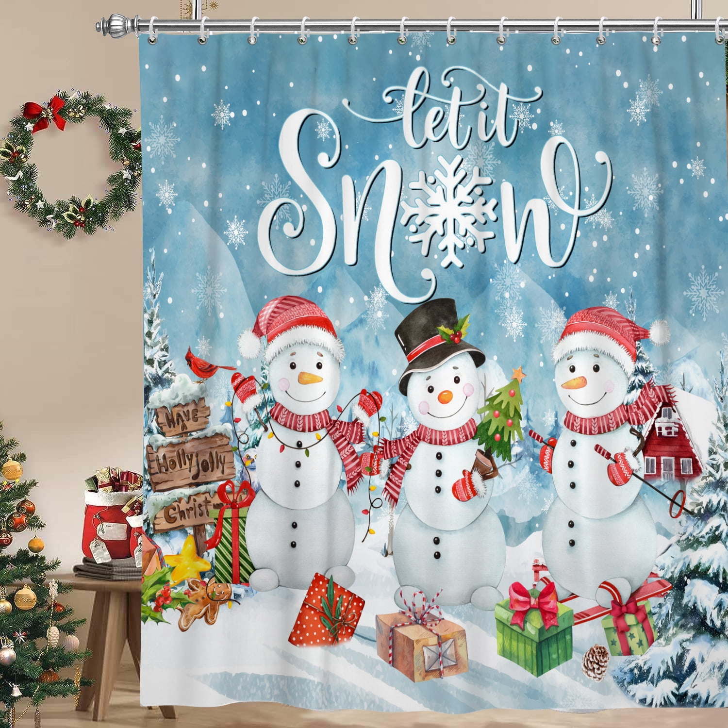 SUNOLIFE Christmas Snowman Shower Curtain Winter Let it Snow Waterproof ...