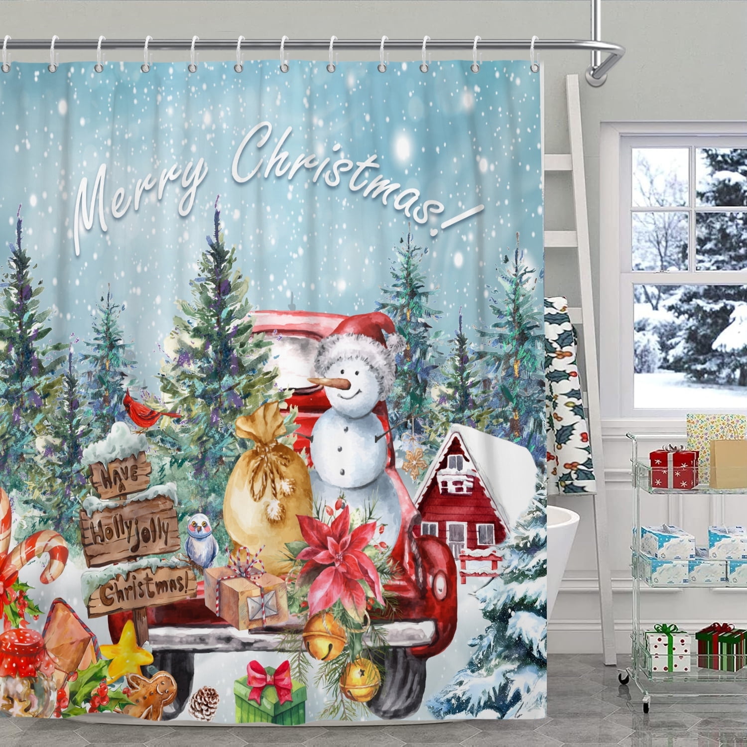 SUNOLIFE Christmas Snowman Shower Curtain Winter Snow Scene Waterproof ...