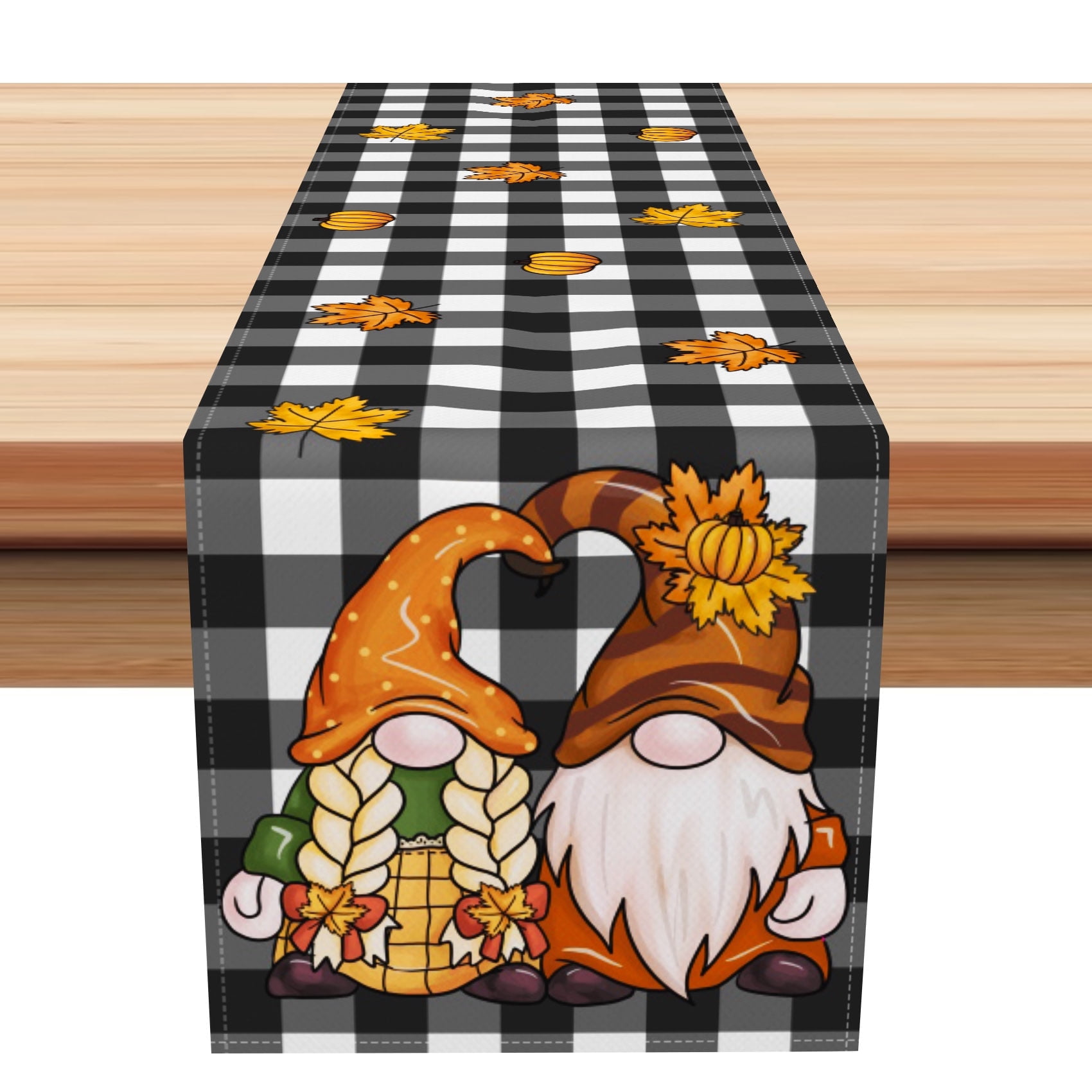 SUNOLIFE Fall Gnomes Table Runner Pumpkins Autumn Buffalo Plaid Dining ...