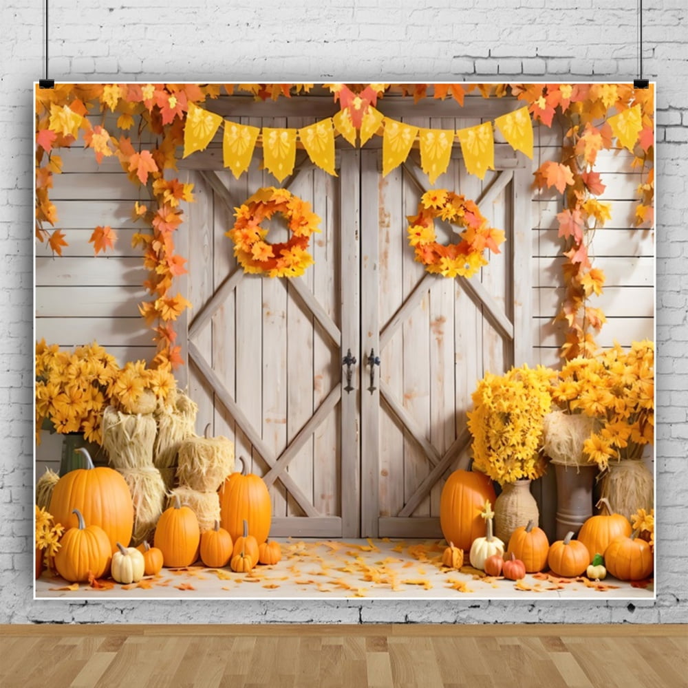 SUNOLIFE Fall Pumpkins Backdrop Banner Autumn Thanksgiving Wood Barn ...