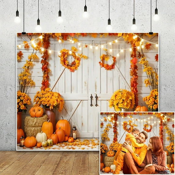 SUNOLIFE Fall Pumpkins Backdrop Banner Autumn Wood Barn Thanksgiving ...