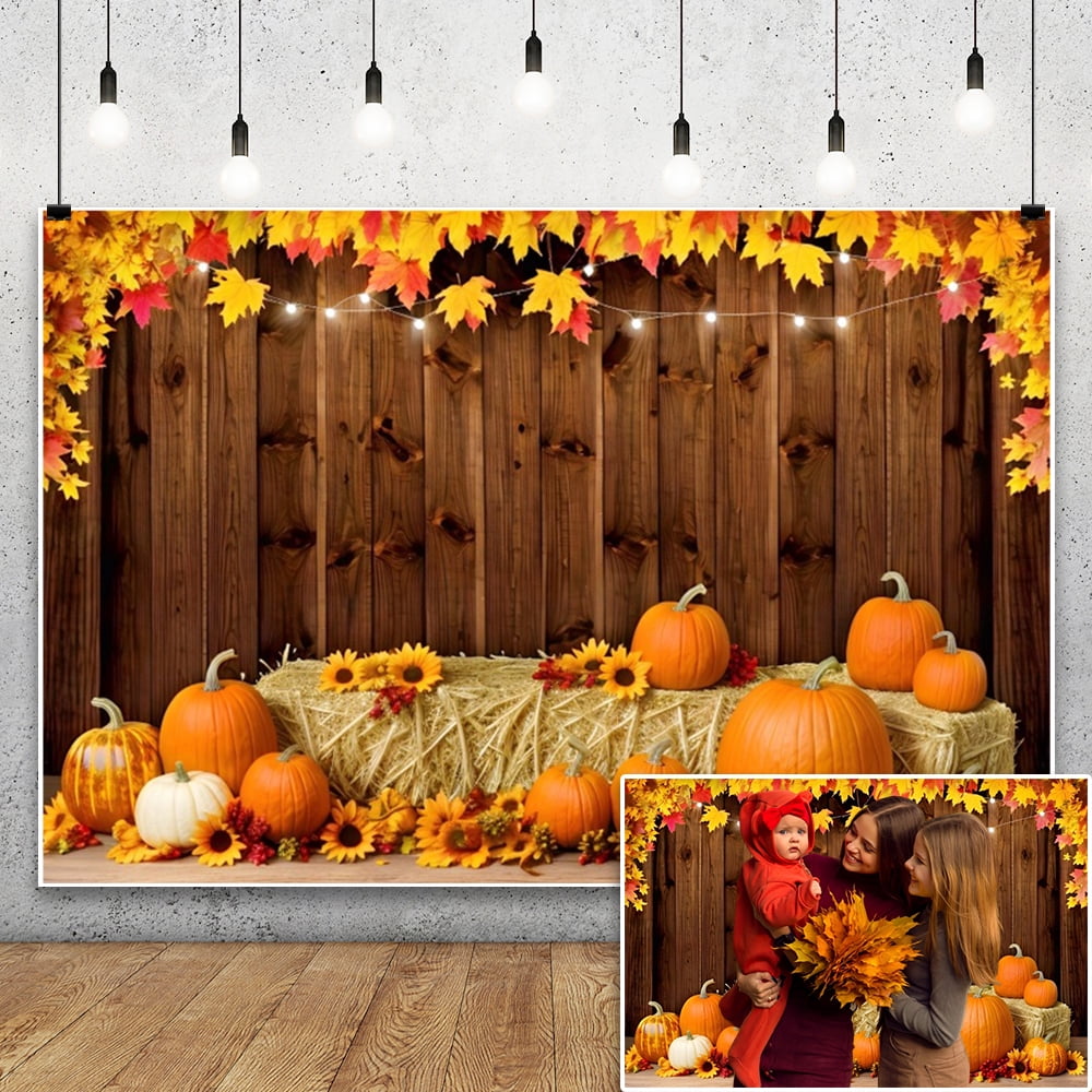 SUNOLIFE Fall Thanksgiving Backdrop Banner Brown Board Pumpkins ...