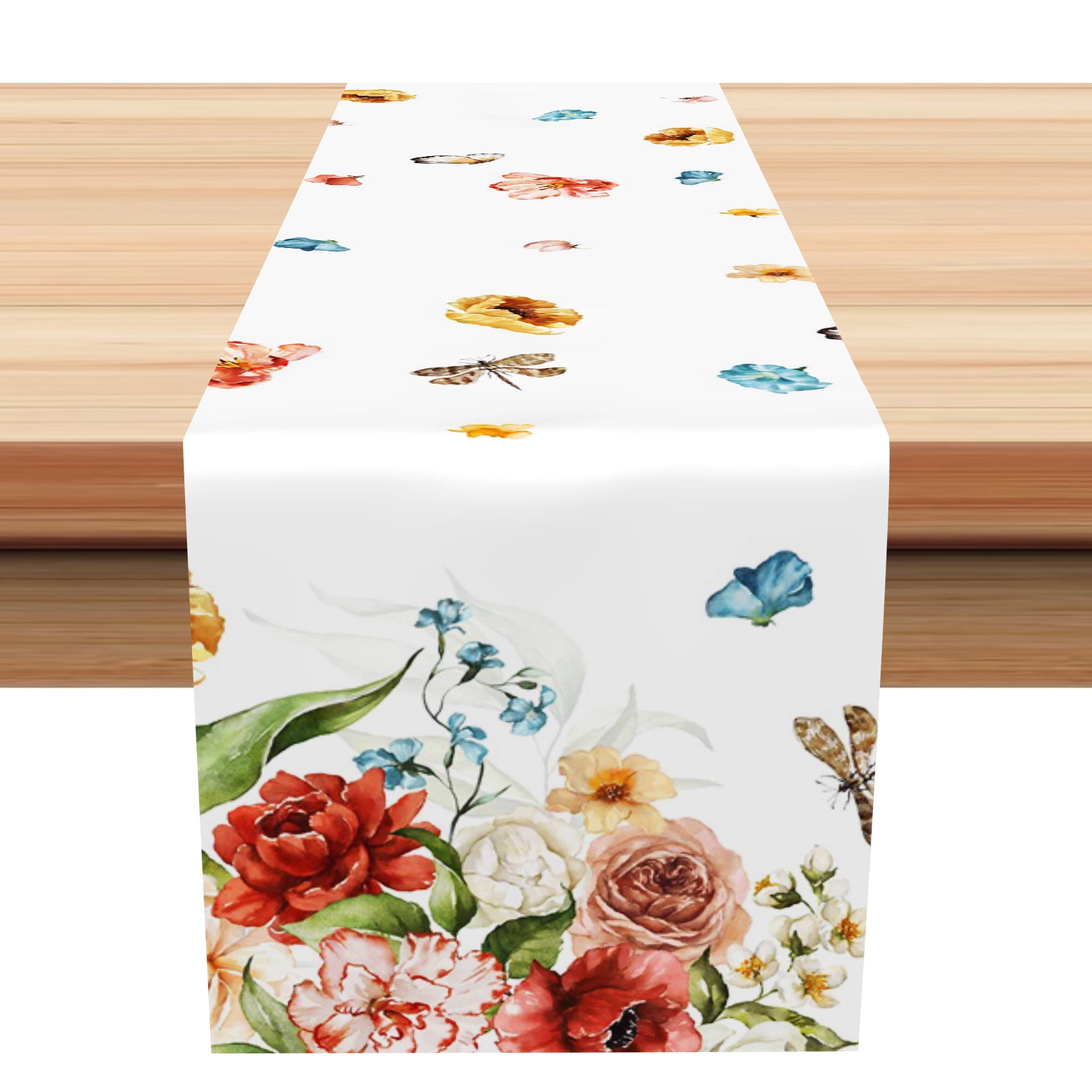 SUNOLIFE Floral with Butterfly Table Runner Flowers and Dragonfly Table ...