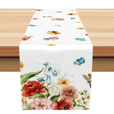 SUNOLIFE Purple Floral Table Runner,Butterfly with Flowers Kitchen ...