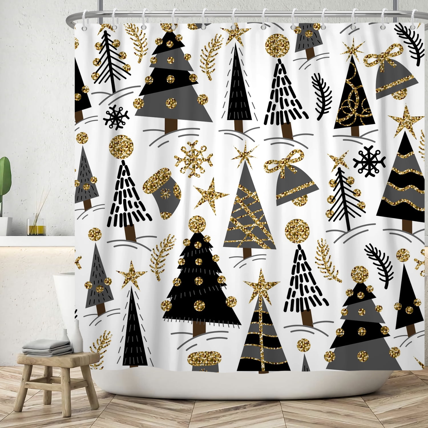 SUNOLIFE Gold Christmas Tree Shower Curtain Winter Xmas Waterproof ...