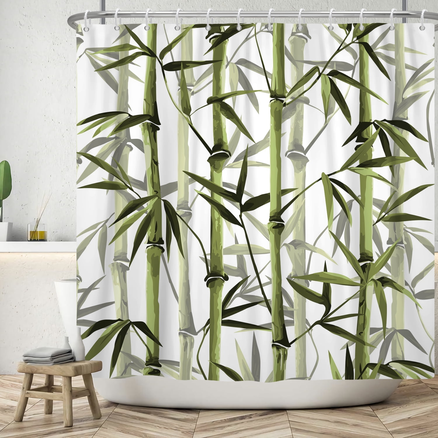SUNOLIFE Green Bamboo Shower Curtain Bamboo Leaves Waterproof Fabric ...