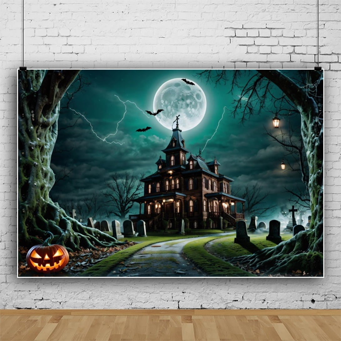 SUNOLIFE Halloween Backdrop Banner Horror Moon Night Castle Photo ...