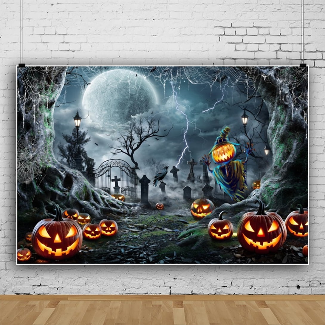 SUNOLIFE Halloween Backdrop Banner Horror Moon Night Pumpkins Photo ...