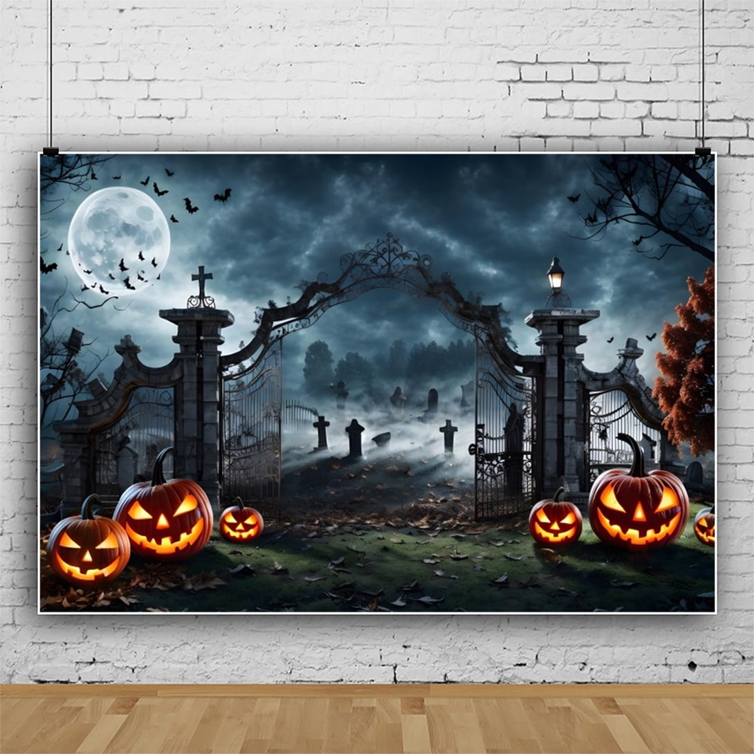 SUNOLIFE Halloween Backdrop Banner Horror Night Castle Pumpkins Photo ...