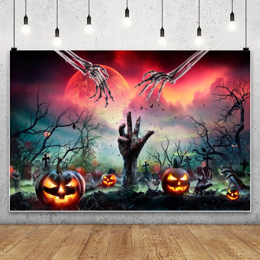 SUNOLIFE Halloween Backdrop Banner Horror Night Spooky Pumpkins Photo ...