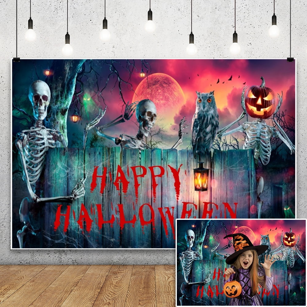 SUNOLIFE Halloween Backdrop Banner Horror Skeletons Photo Background ...