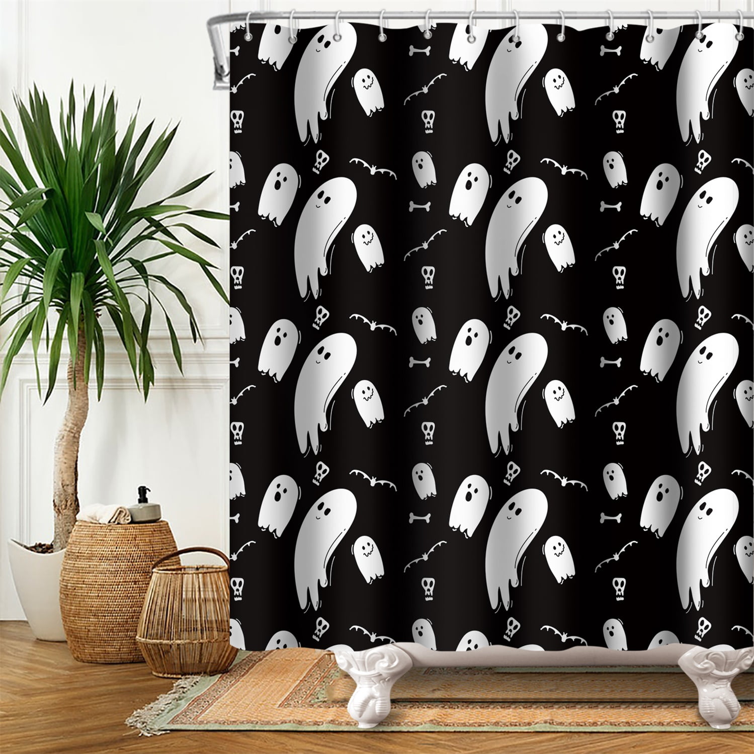 SUNOLIFE Halloween Ghost Shower Curtain Black Skull Waterproof Fabric ...