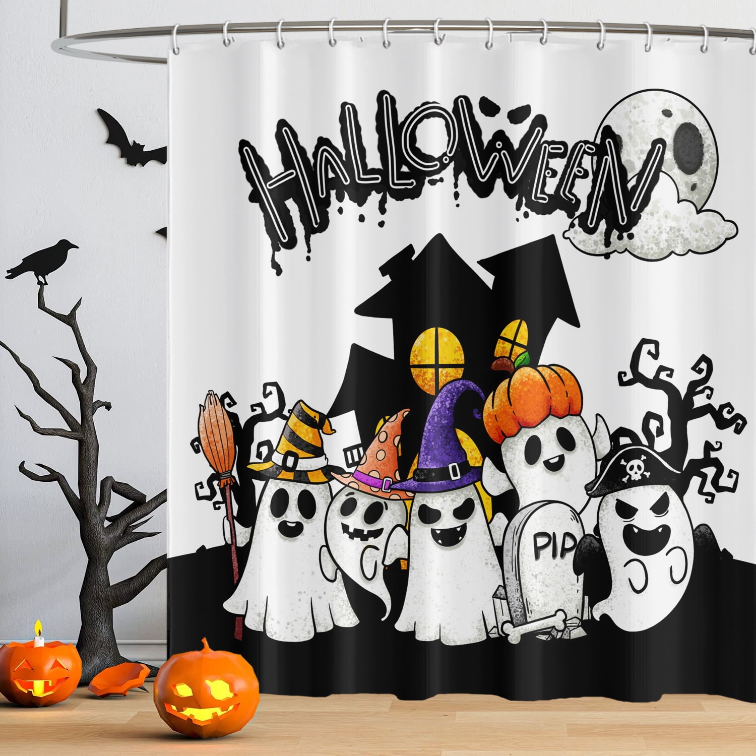 SUNOLIFE Halloween Ghost Shower Curtain Horror Pumpkins Castle ...