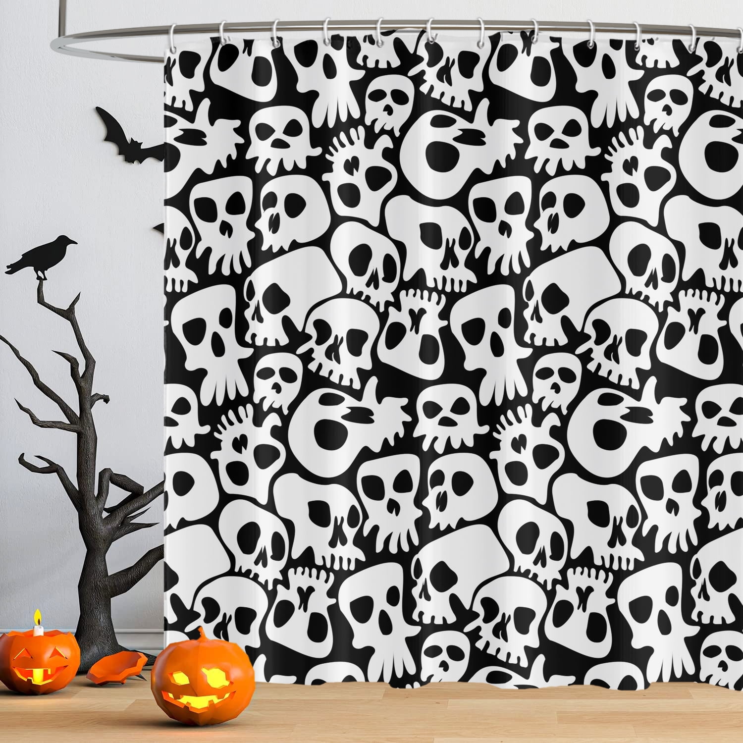 SUNOLIFE Halloween Skull Shower Curtain Horror Skeleton Waterproof ...