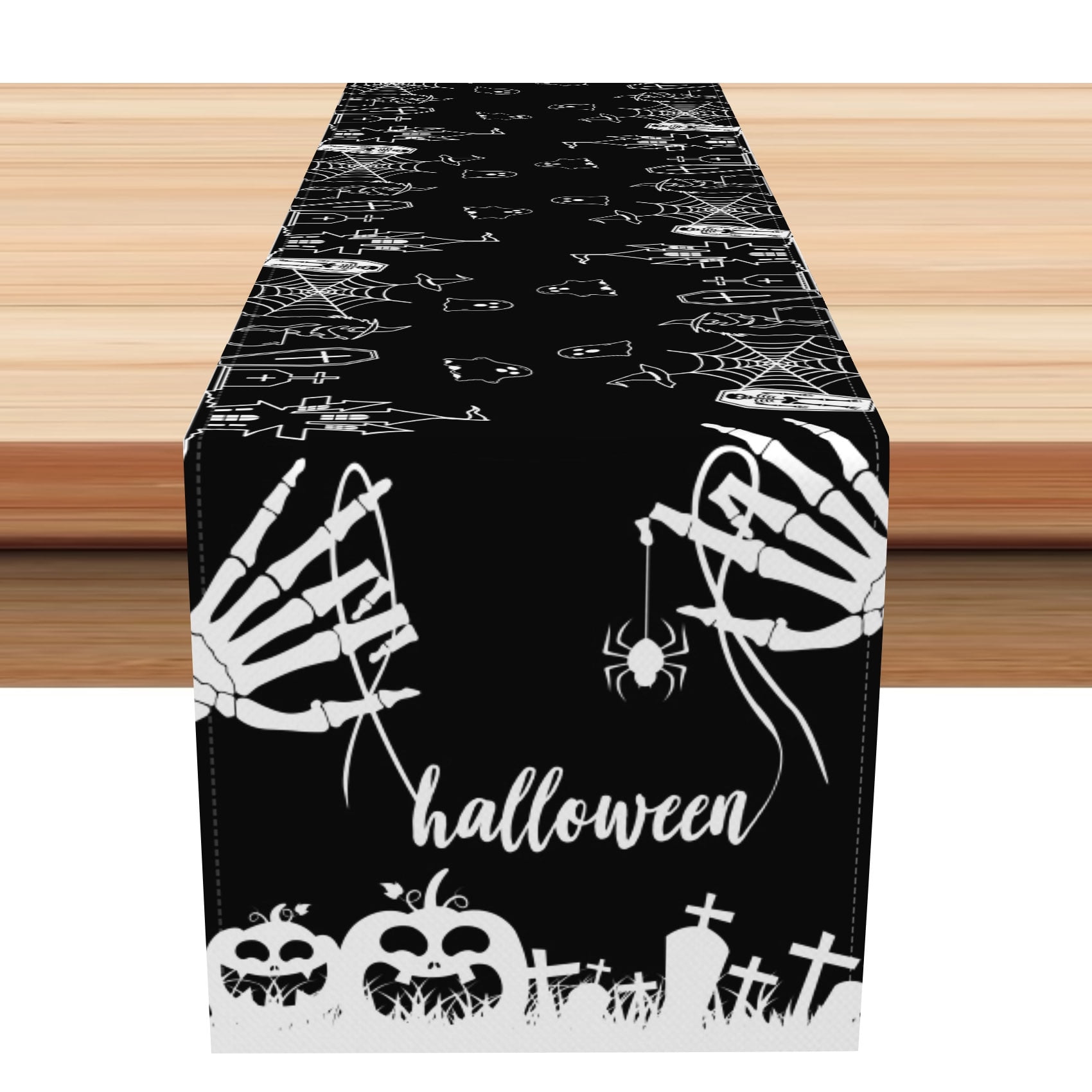 SUNOLIFE Halloween Skull Table Runner Black Skeleton Kitchen Dining ...