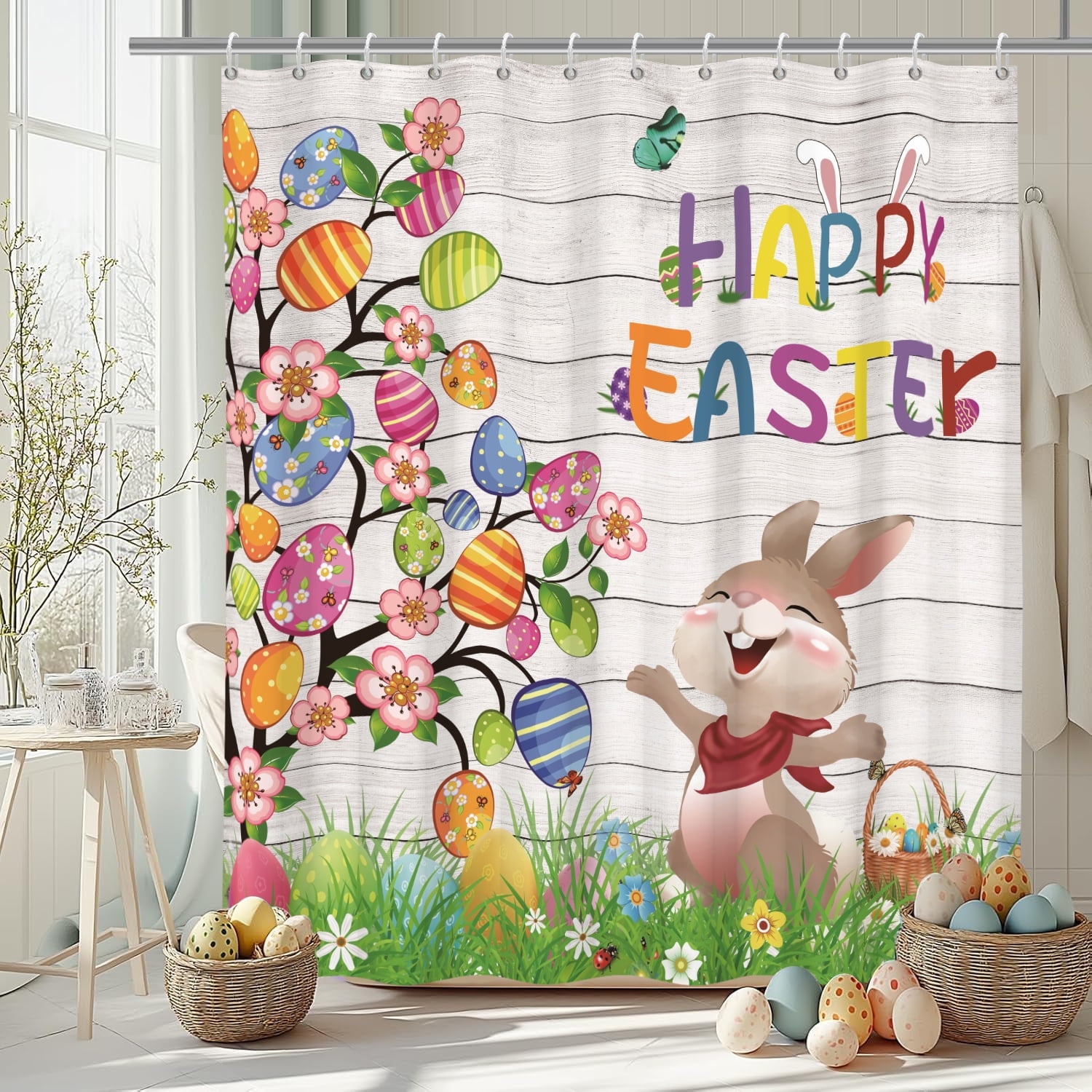 MIZHONA Happy Easter Shower Curtain,Spring Easter Rabbit and Eggs ...